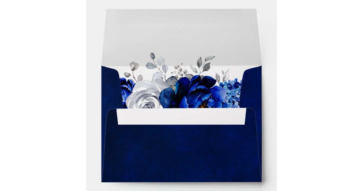 Royal Blue White Metallic Silver Floral Wedding Envelope | Zazzle