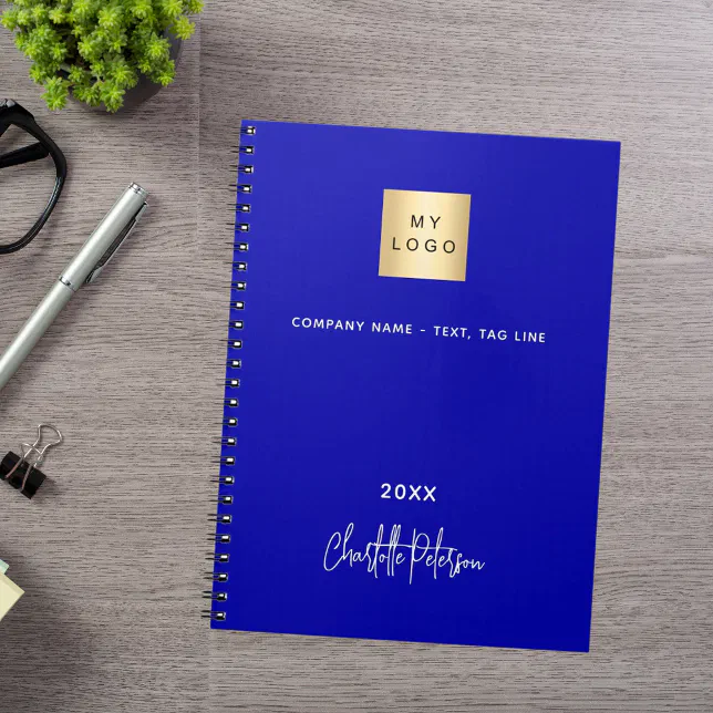 Royal blue white monogram business logo notebook | Zazzle
