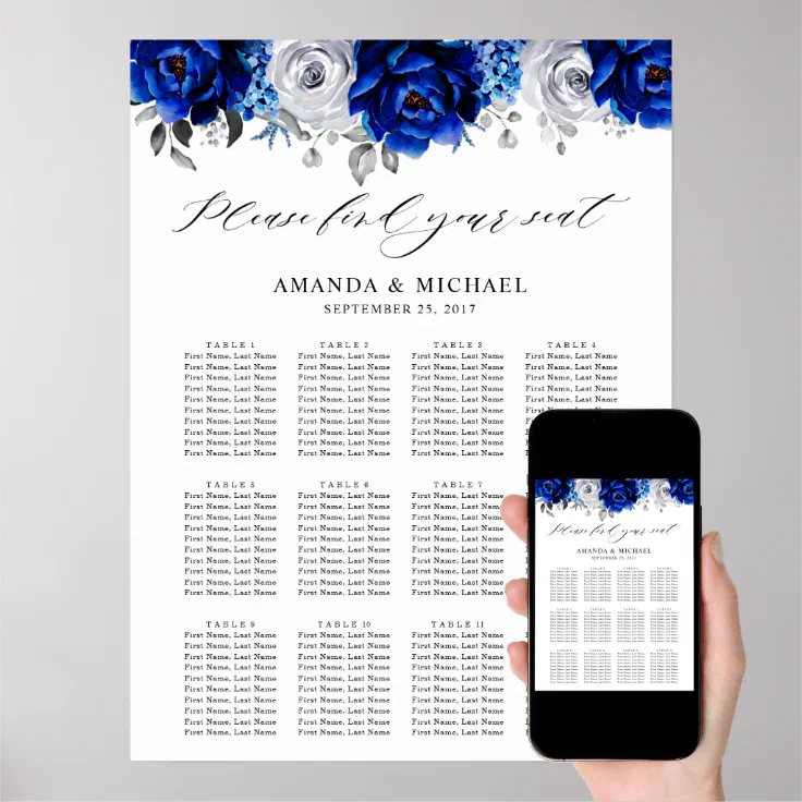Royal Blue White Silver Floral Seating chart | Zazzle