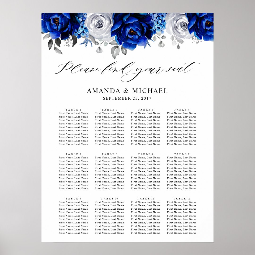 Royal Blue White Silver Floral Seating chart | Zazzle