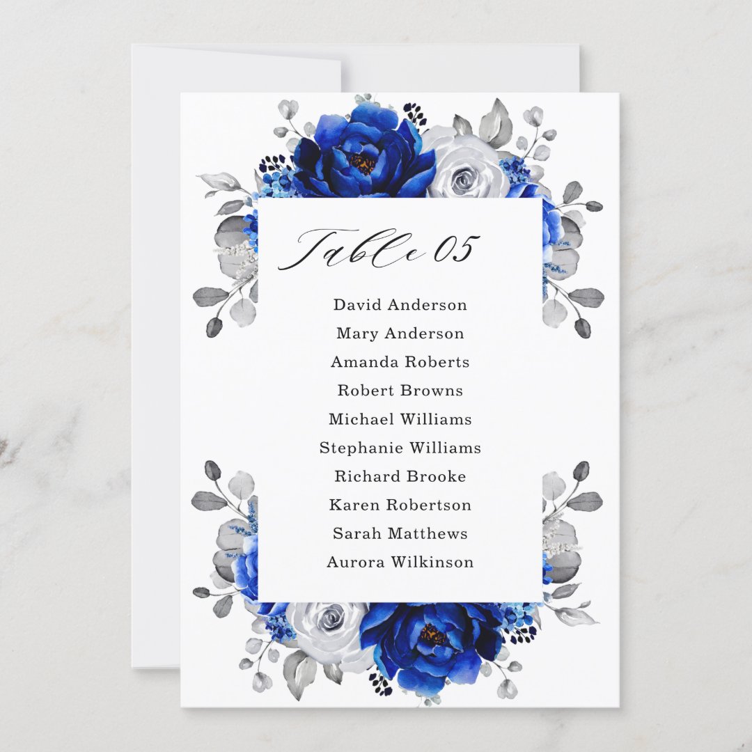 Royal Blue White Silver Floral Seating Chart Card | Zazzle