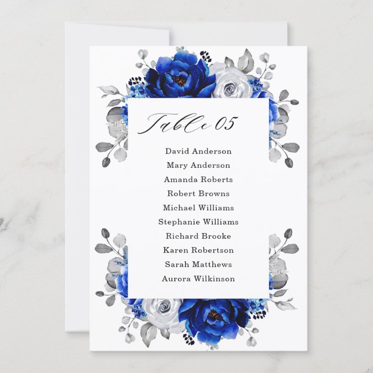 Royal Blue White Silver Floral Seating Chart Card | Zazzle