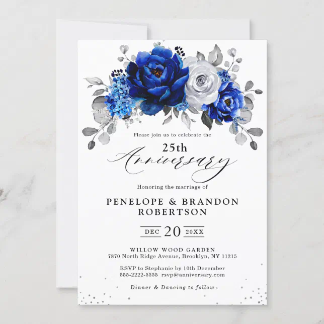Royal Blue White Silver Floral Wedding Anniversary Invitation | Zazzle