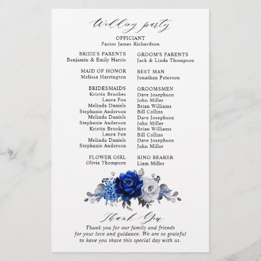Royal Blue White Silver Floral Wedding Program | Zazzle