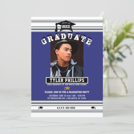 Royal Blue White Silver Graduation Photo Party Invitation | Zazzle