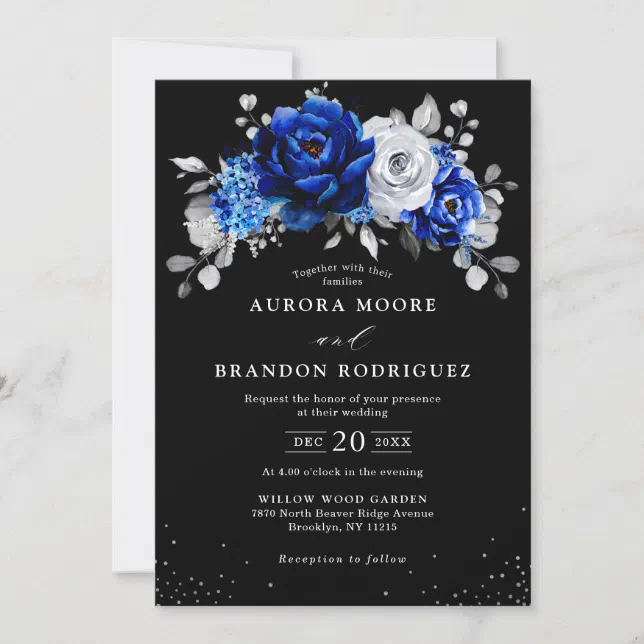 Royal Blue White Silver Metallic black Wedding Invitation | Zazzle