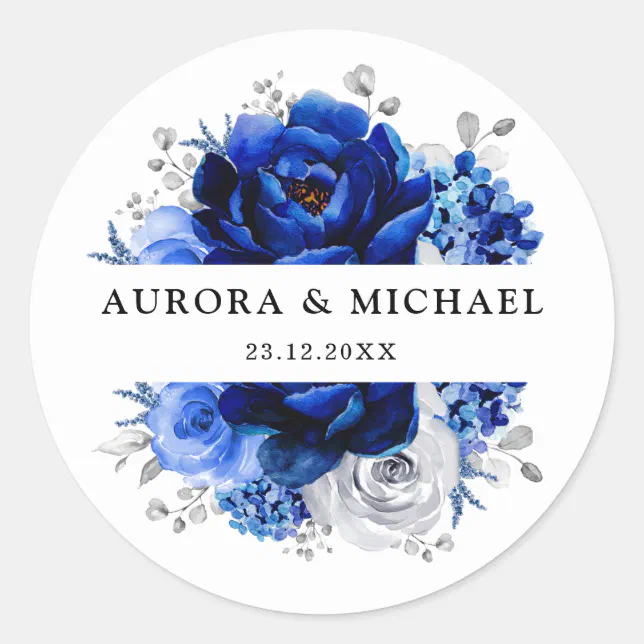 Royal Blue White Silver Metallic Floral Wedding Classic Round Sticker ...