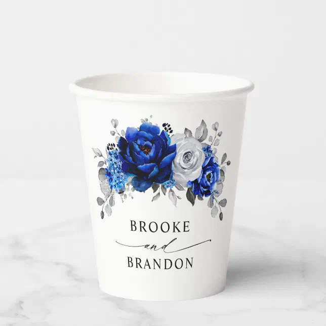 Royal Blue White Silver Metallic Floral Wedding Paper Cups | Zazzle