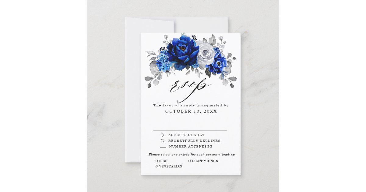 Royal Blue White Silver Metallic Floral Wedding RSVP Card | Zazzle