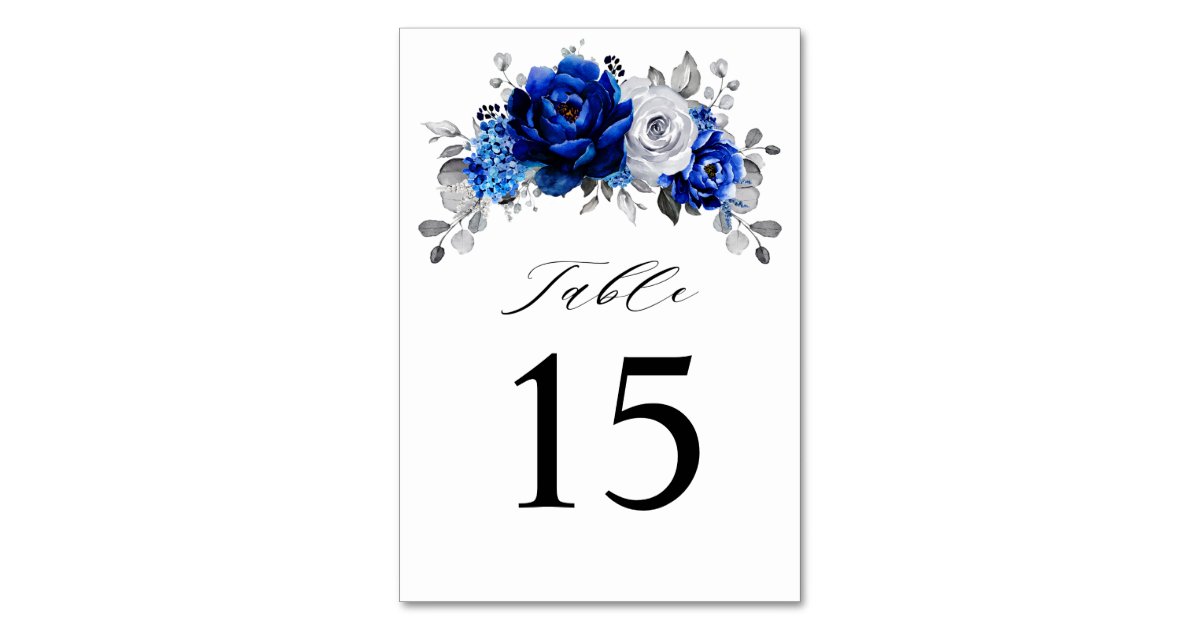Royal Blue White Silver Metallic Floral Wedding Table Number | Zazzle