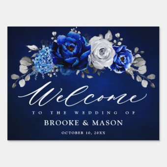Royal Blue White Silver Metallic Wedding Welcome S Sign | Zazzle