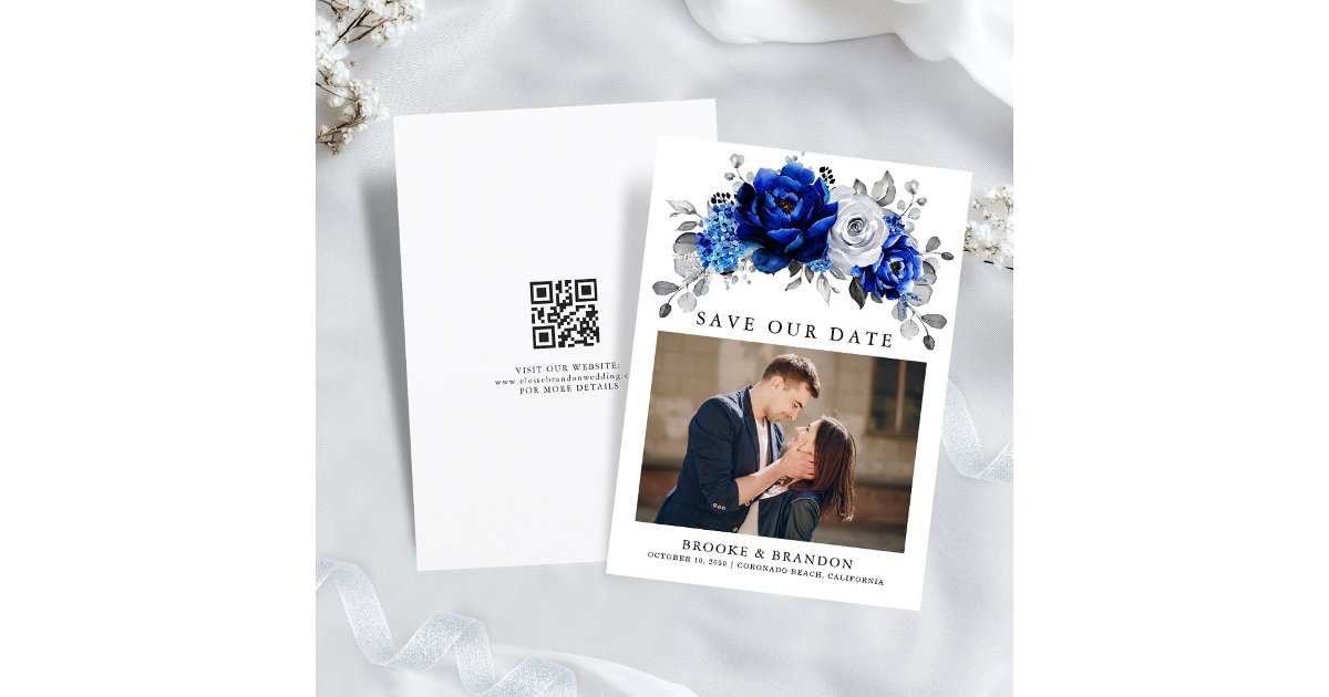 Royal Blue White Silver QR Code Floral Wedding Save The Date | Zazzle