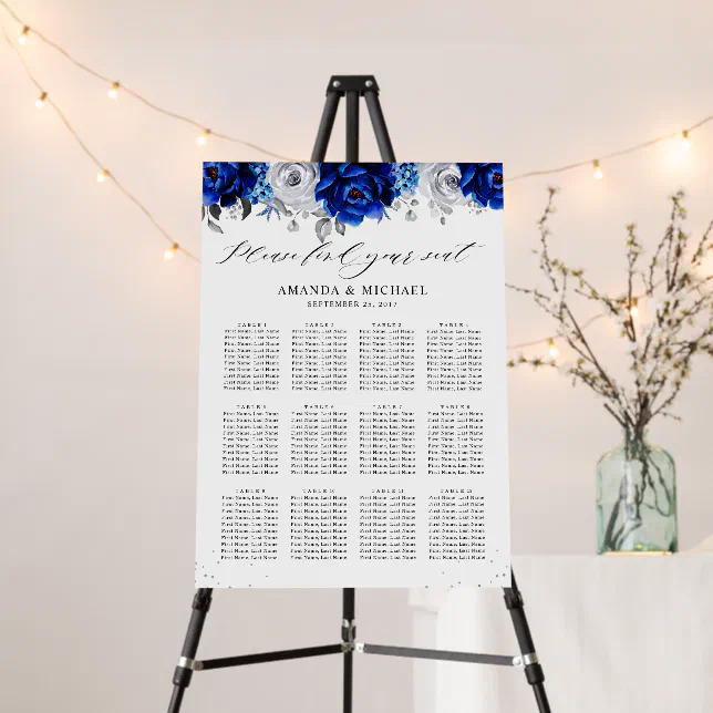 Royal Blue White Silver Wedding Seating chart Foam Board | Zazzle