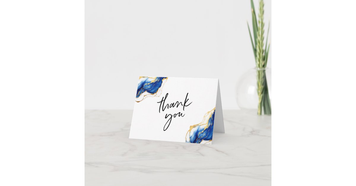 Royal Blue Yellow Gold Alcohol Ink Modern Script Thank You Card | Zazzle