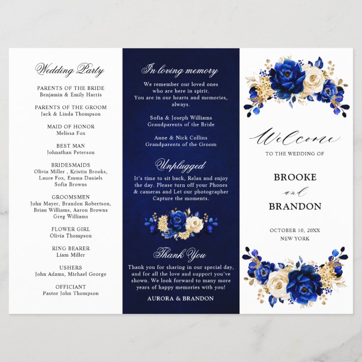 Royal Blue Yellow Gold Floral Wedding Program | Zazzle