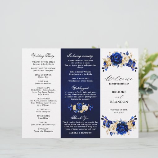 Royal Blue Yellow Gold Floral Wedding Program | Zazzle