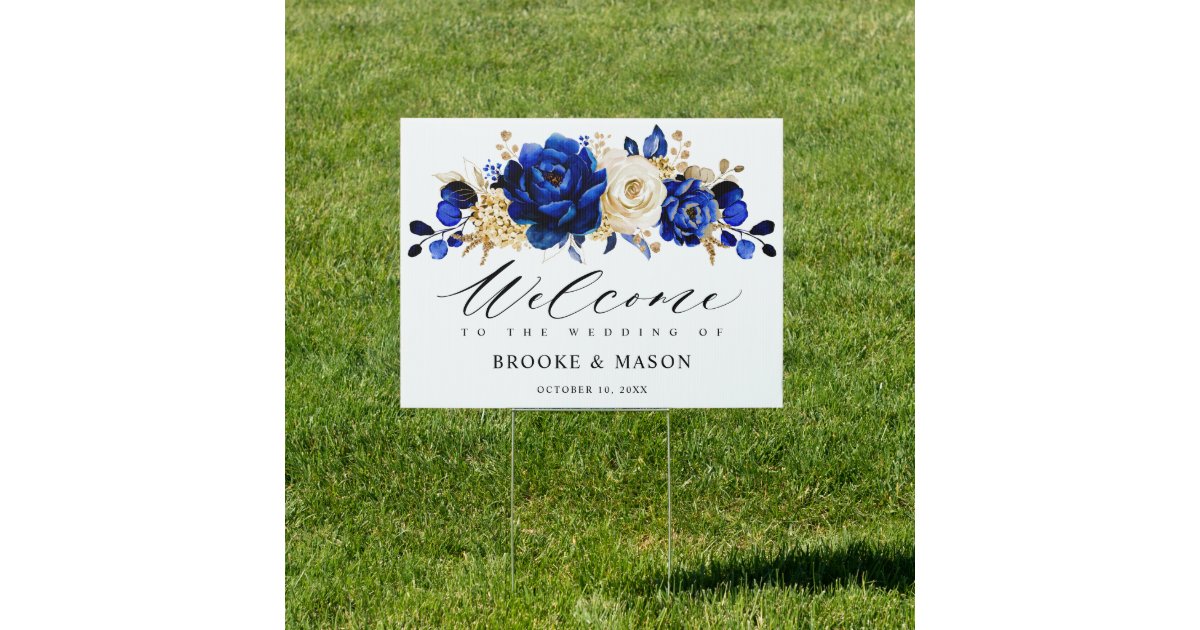 Royal Blue Yellow Gold Floral Wedding Welcome Sign | Zazzle