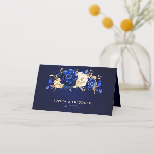 Royal Blue Yellow Gold Metallic Floral Wedding Pla Place Card | Zazzle