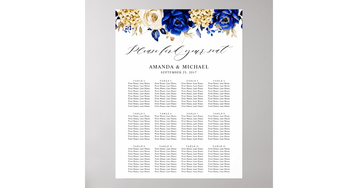 Royal Blue Yellow Gold Metallic Seating Chart | Zazzle
