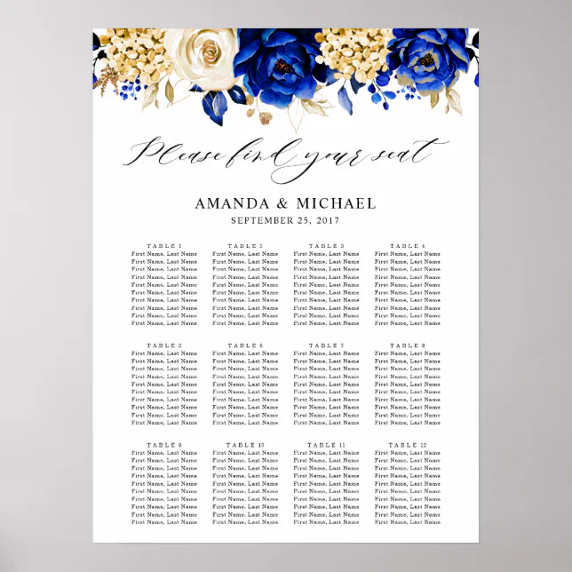 Royal Blue Yellow Gold Metallic Seating Chart | Zazzle
