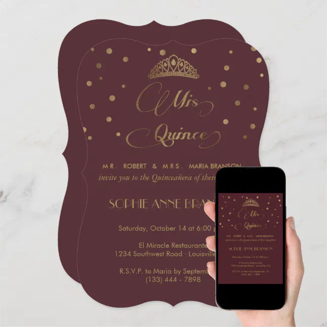 Royal Burgundy Gold Mis Quince Script Quinceañera Invitation | Zazzle