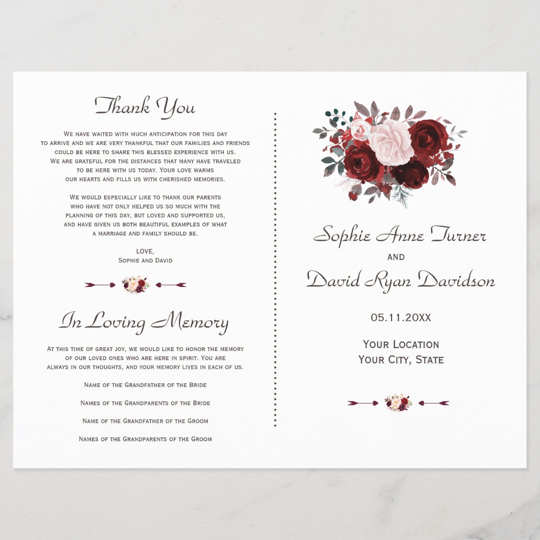Royal Burgundy Pink Floral Gold Wedding Program | Zazzle