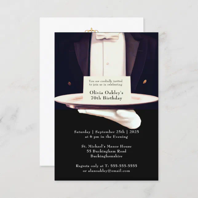 Royal Butler Silver Platter Birthday Party RH Invitation | Zazzle