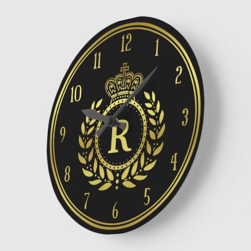 Royal Crown Laurel Wreath Black Gold Monogrammed Large Clock | Zazzle