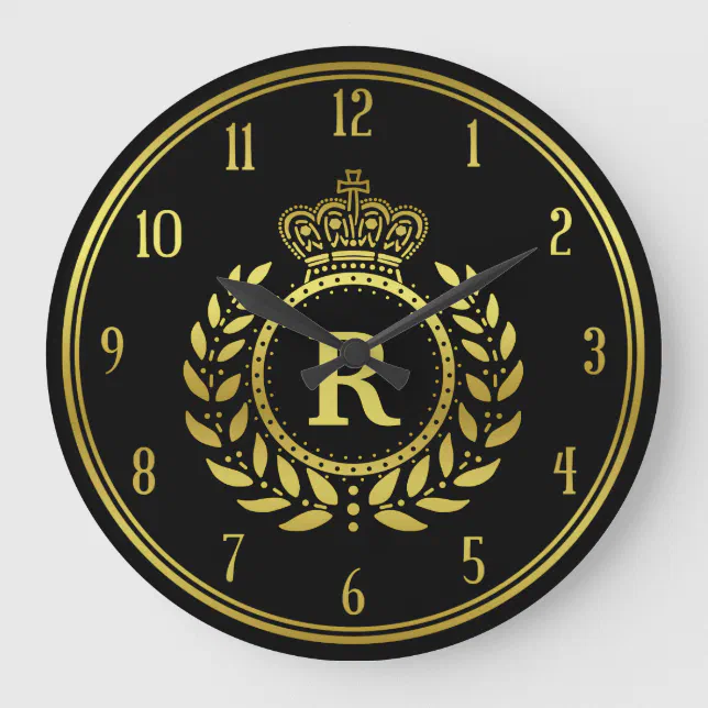 Royal Crown Laurel Wreath Black Gold Monogrammed Large Clock | Zazzle