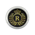 Royal Crown Laurel Wreath Black Gold Monogrammed Ring | Zazzle