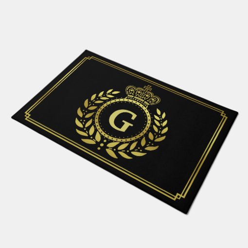 Royal Crown Laurel Wreath Monogrammed Black Gold Doormat | Zazzle