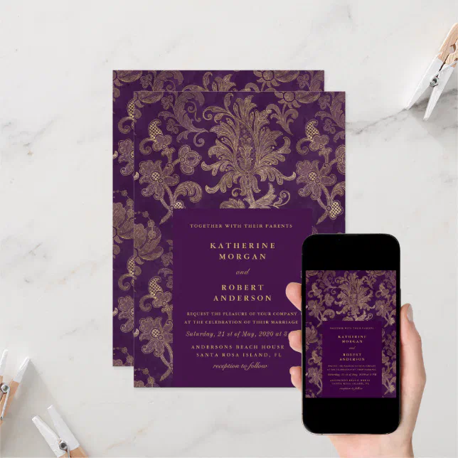 Royal Damask Elegant Purple Wedding Invitation | Zazzle