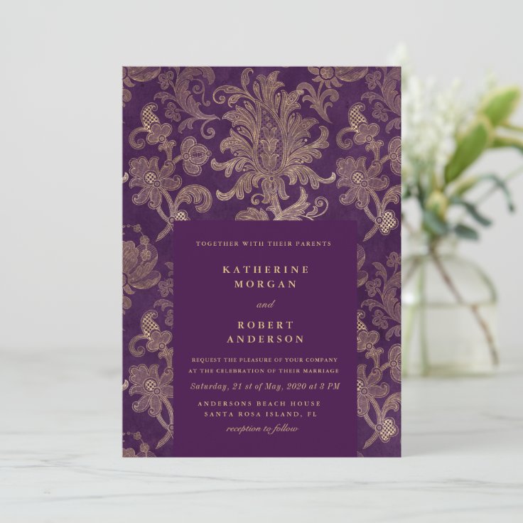 royal damask elegant purple Wedding Invitation | Zazzle