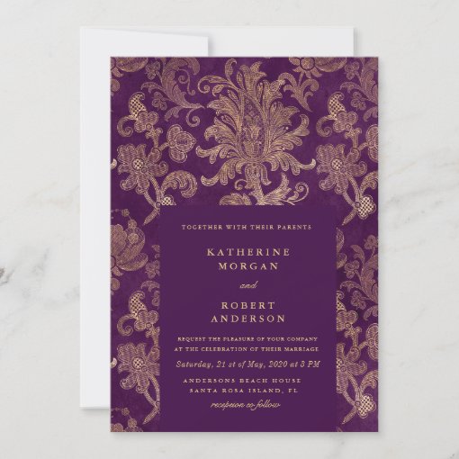 Royal Damask Elegant Purple Wedding Invitation | Zazzle