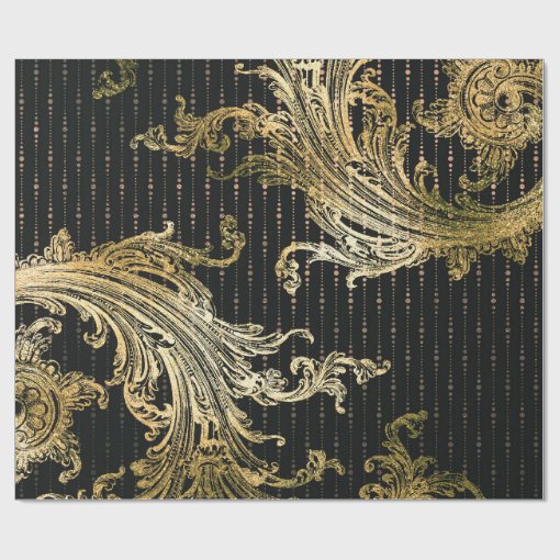 Royal Damask Sepia Faux Gold Floral Black Drops Wrapping Paper | Zazzle