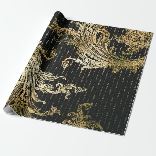 Royal Damask Sepia Faux Gold Floral Black Drops Wrapping Paper | Zazzle