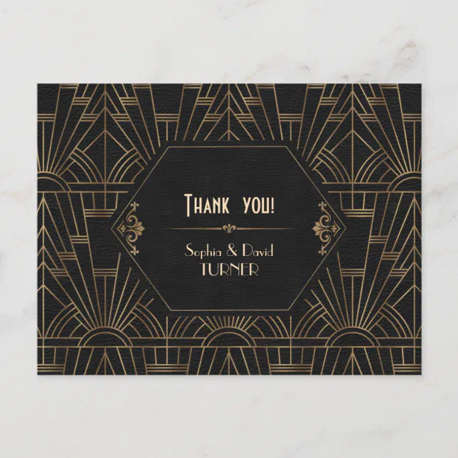 Royal Gold Black Great Gatsby Wedding Thank You Postcard | Zazzle