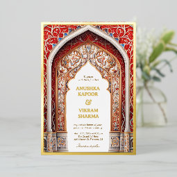 Royal Indian Palace Red Arch Wedding Gold Foil Invitation | Zazzle
