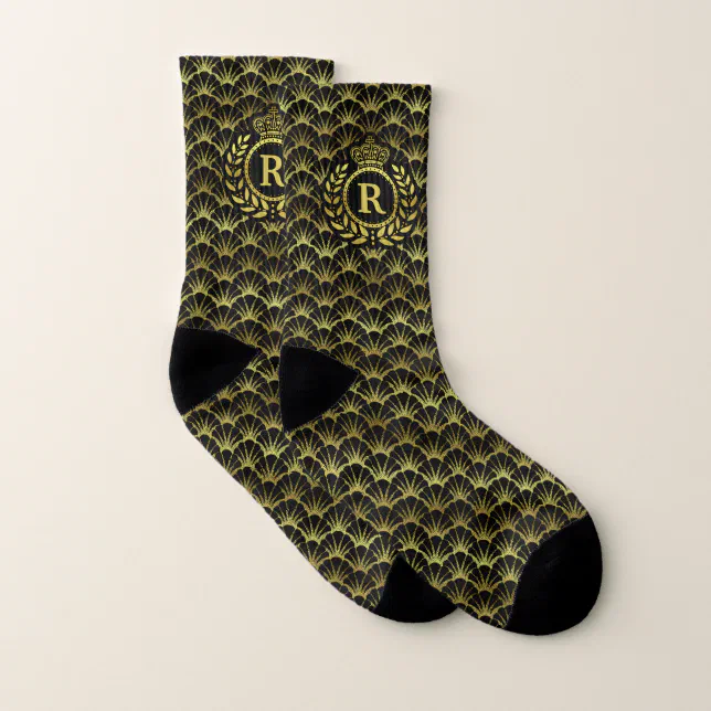 Royal Monogram Gold Laurel Crown Deco Shell Large Socks | Zazzle