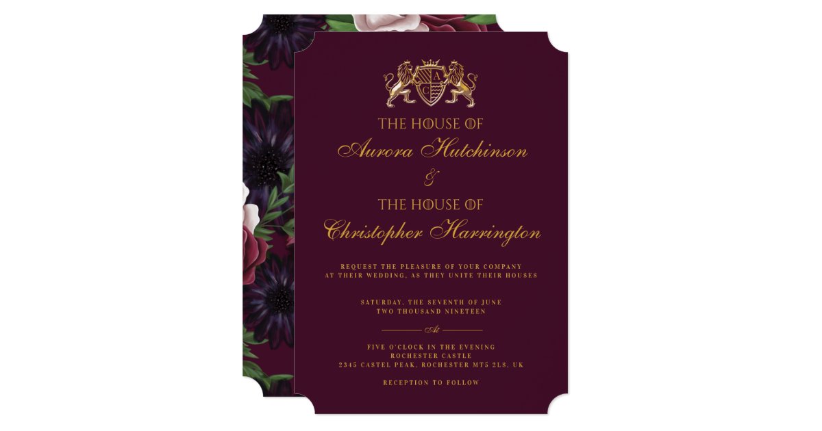 Royal Muse Medieval Fantasy Plum Floral Wedding Invitation | Zazzle.com