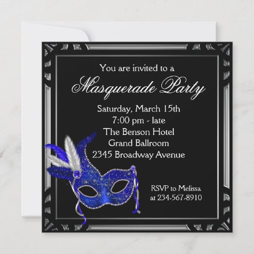 Royal Navy Blue Mask Masquerade Party Invitation | Zazzle