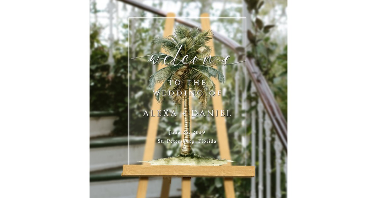 Royal Palm Tree Tropical Wedding Welcome Acrylic Sign | Zazzle