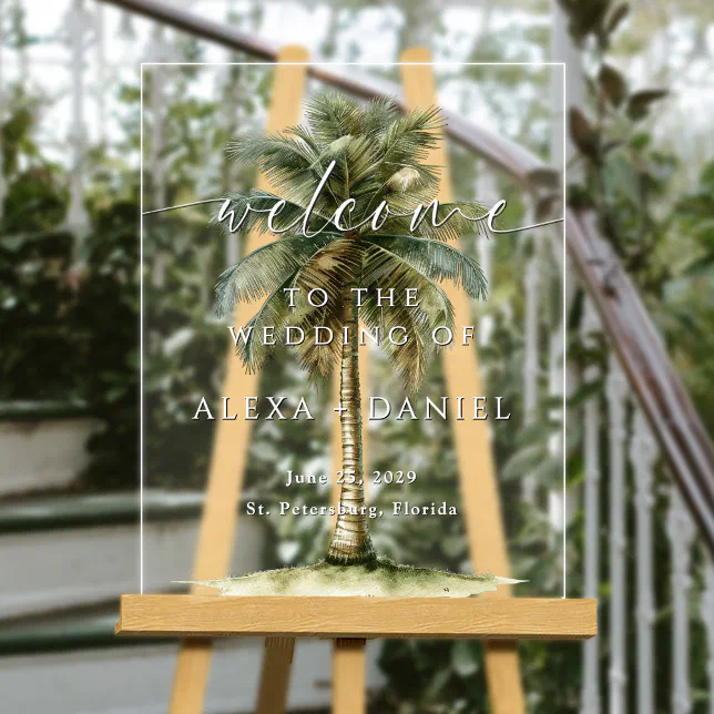 Royal Palm Tree Tropical Wedding Welcome Acrylic Sign | Zazzle