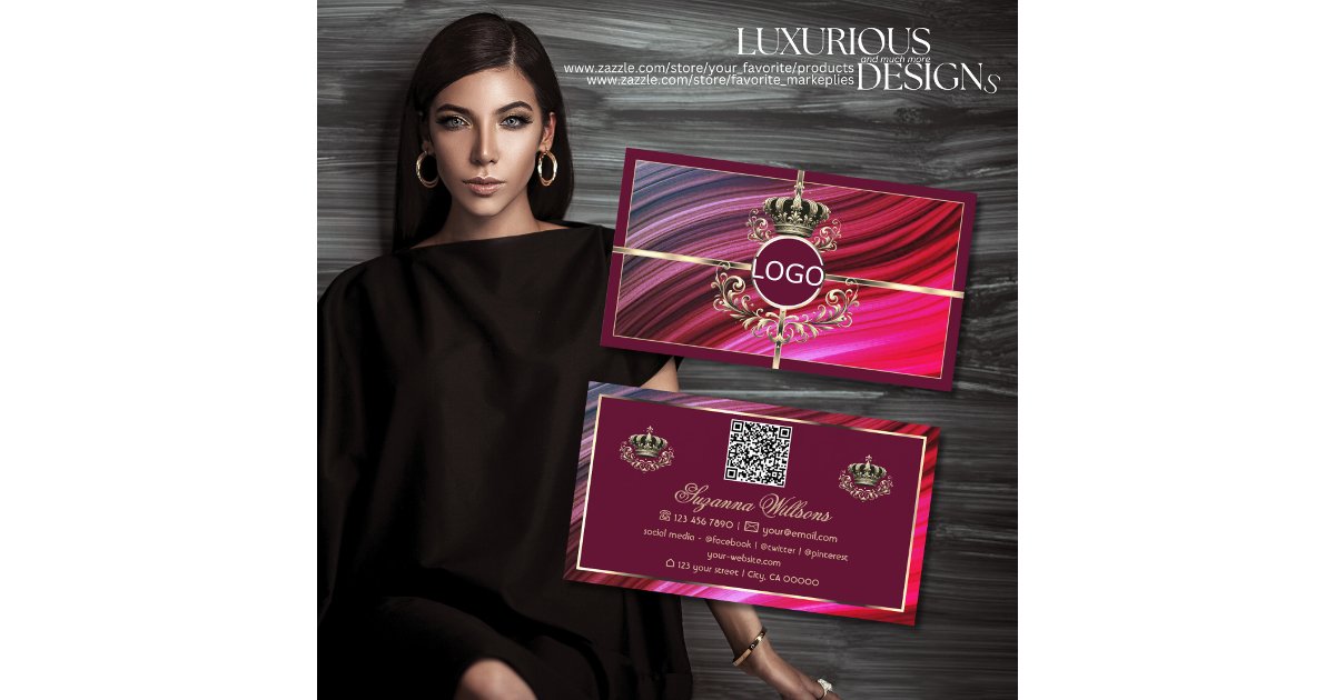 Royal Pink Burgundy Gold Crown with Logo QR Code Business Card | Zazzle