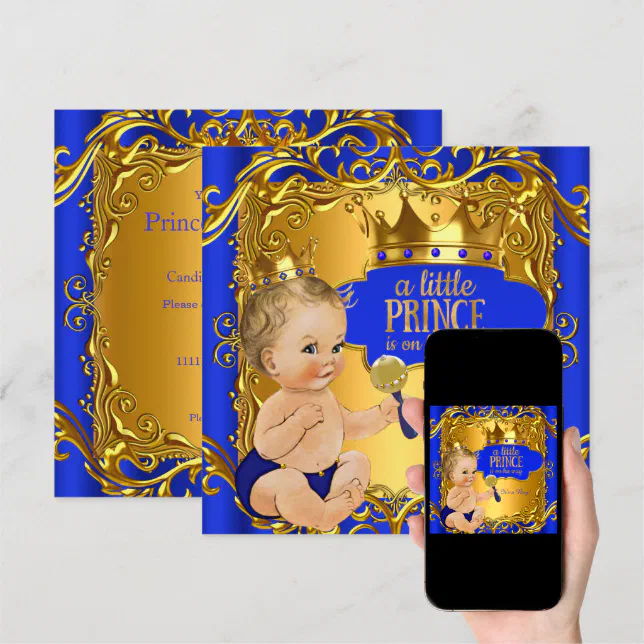 Royal Prince Baby Shower Blue Gold Rattle Blonde Invitation | Zazzle