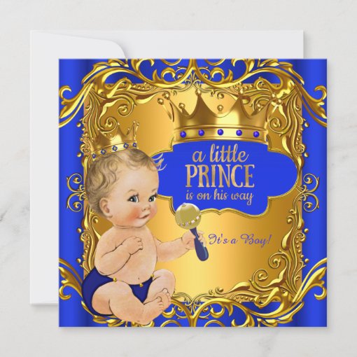 Royal Prince Baby Shower Blue Gold Rattle Blonde Invitation | Zazzle