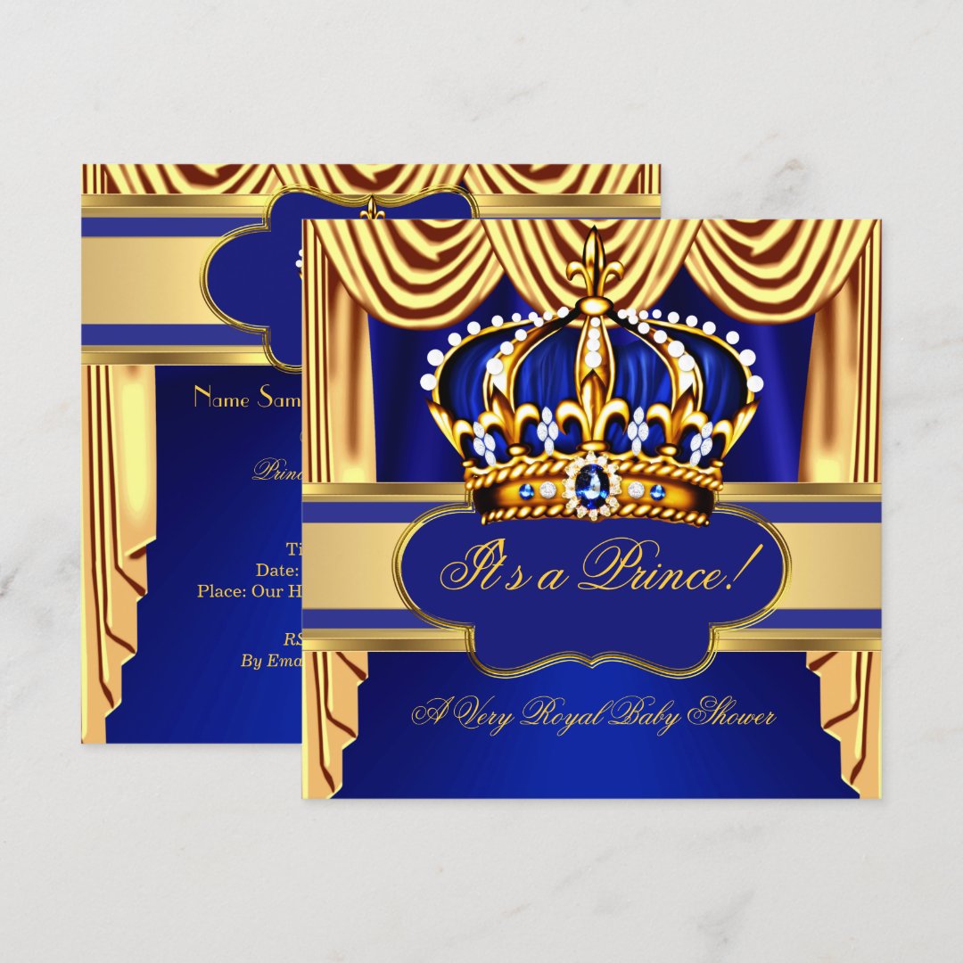 Royal Prince Baby Shower Blue Gold Silk Drapes Invitation | Zazzle