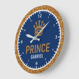 Royal Prince Faux Gold Glitter Crown Boys Room Large Clock | Zazzle