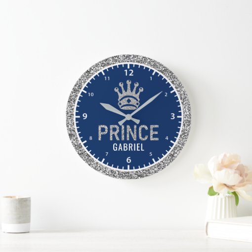 Royal Prince Faux Silver Glitter Crown Boys Room Large Clock | Zazzle