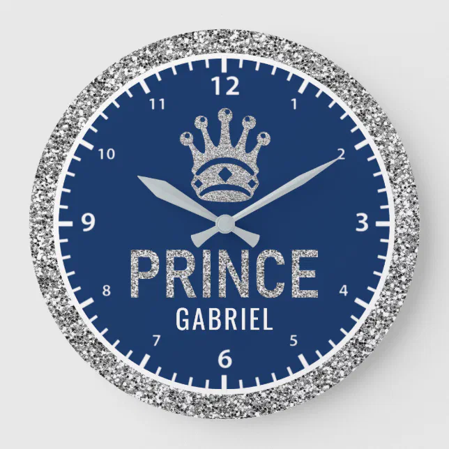 Royal Prince Faux Silver Glitter Crown Boys Room Large Clock | Zazzle